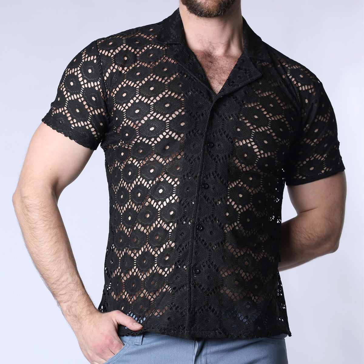 Timoteo Palmero Button Down Mesh Shirt Black – FETCH